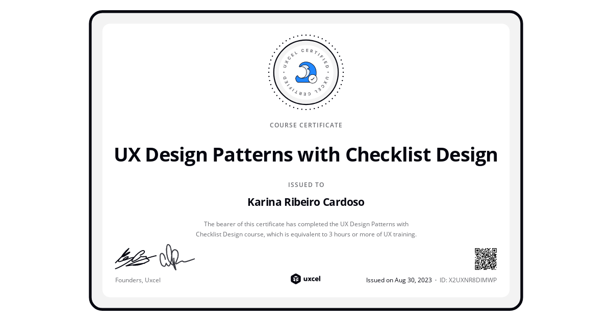 Certificate of completion for UX Design Patterns with Checklist Design | Uxcel